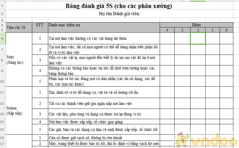 Bảng đánh Giá 5s Cho Các Phân Xưởng Mẫu đánh Giá Thực Hiện 5s Của Phân Xưởng